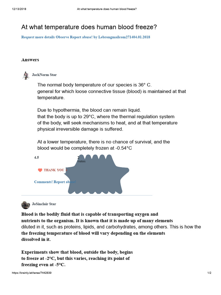 At what temperature does human blood freeze? | PDF