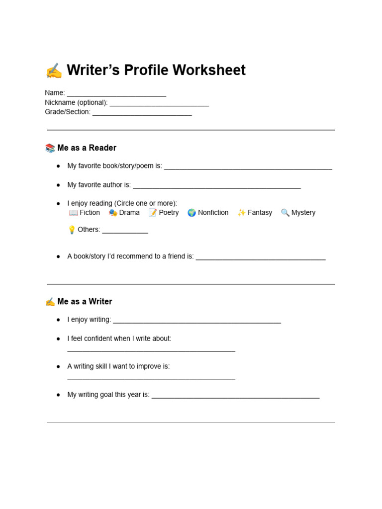 Writer's Profile Worksheet | PDF