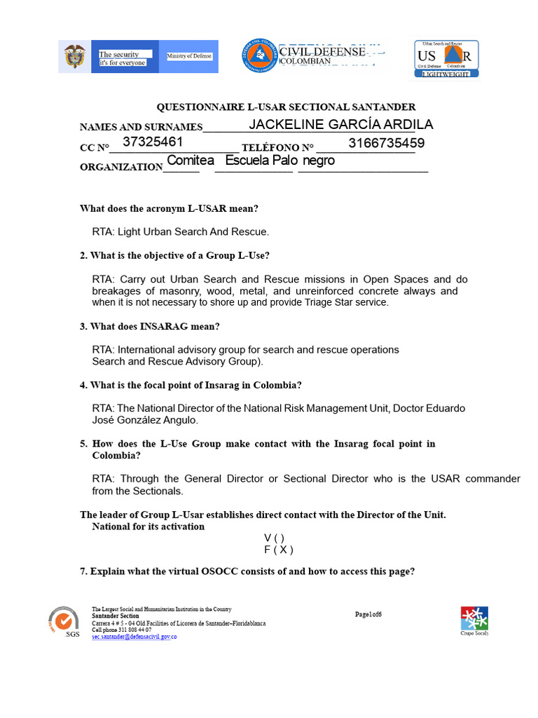 L-USAR Group Questionnaire Santander | PDF | Search And Rescue ...