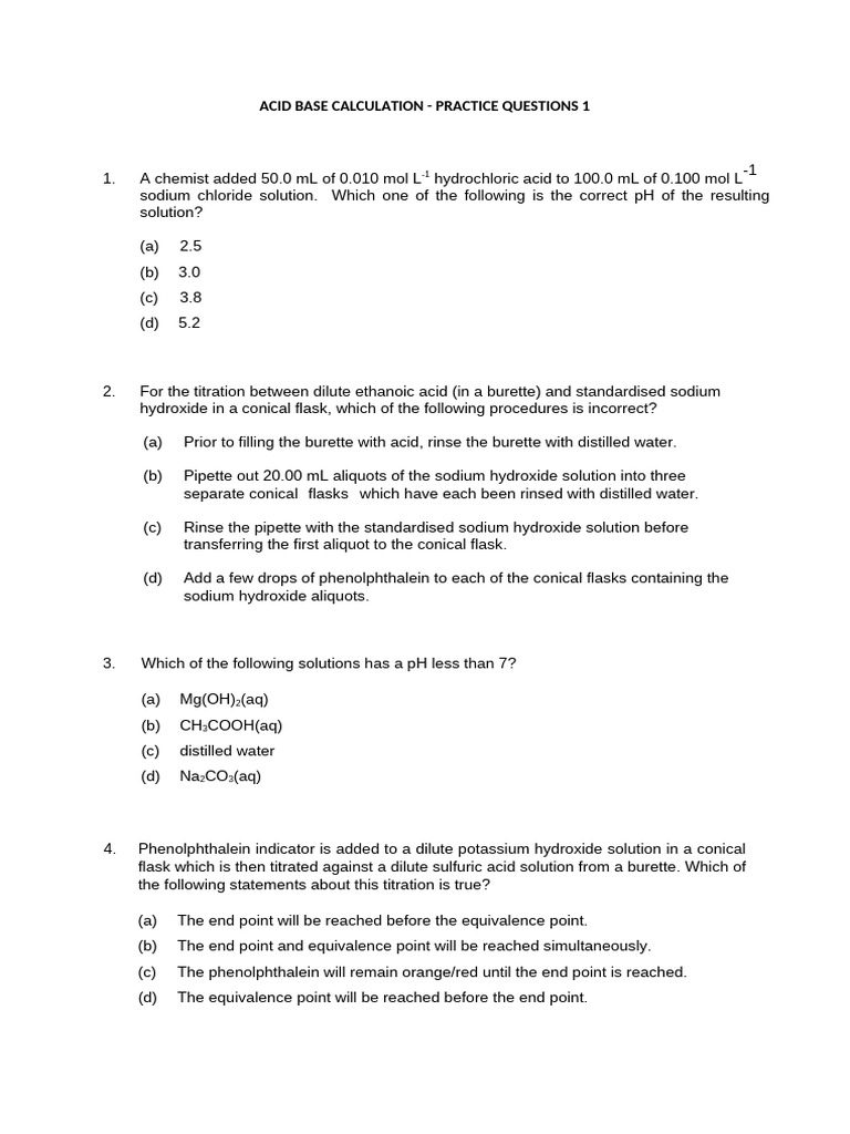 Acid Base Practice Questions 1 | PDF | Titration | Chemistry