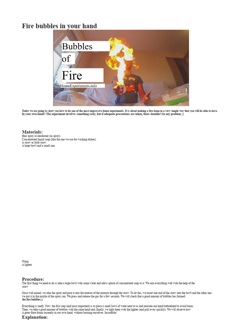 Fire Bubbles Experiment at Home | PDF | Fires | Chemical Process ...