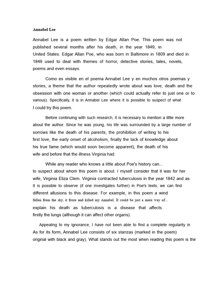 Annabel Lee Analysis and Opinion | PDF | Edgar Allan Poe | Poetry