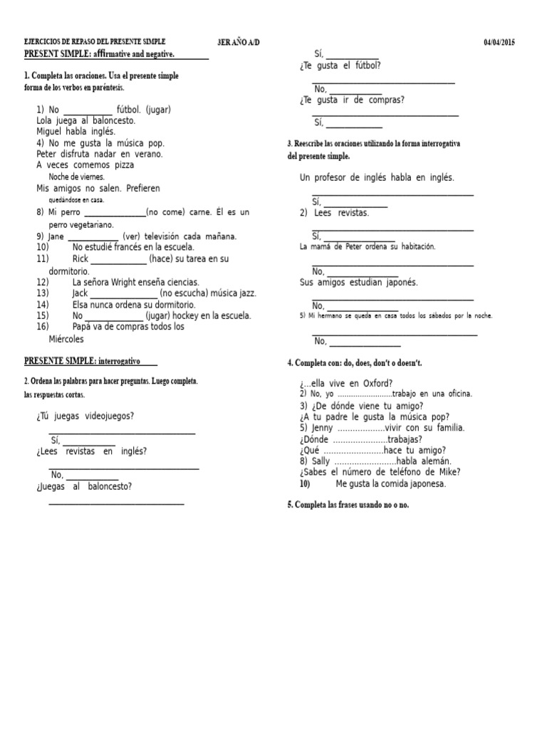 Ejercicios de Presente Simple | PDF