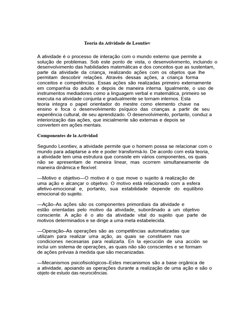 Teoria da Atividade de Leontiev Explicada | PDF | Aprendizado | Experiência