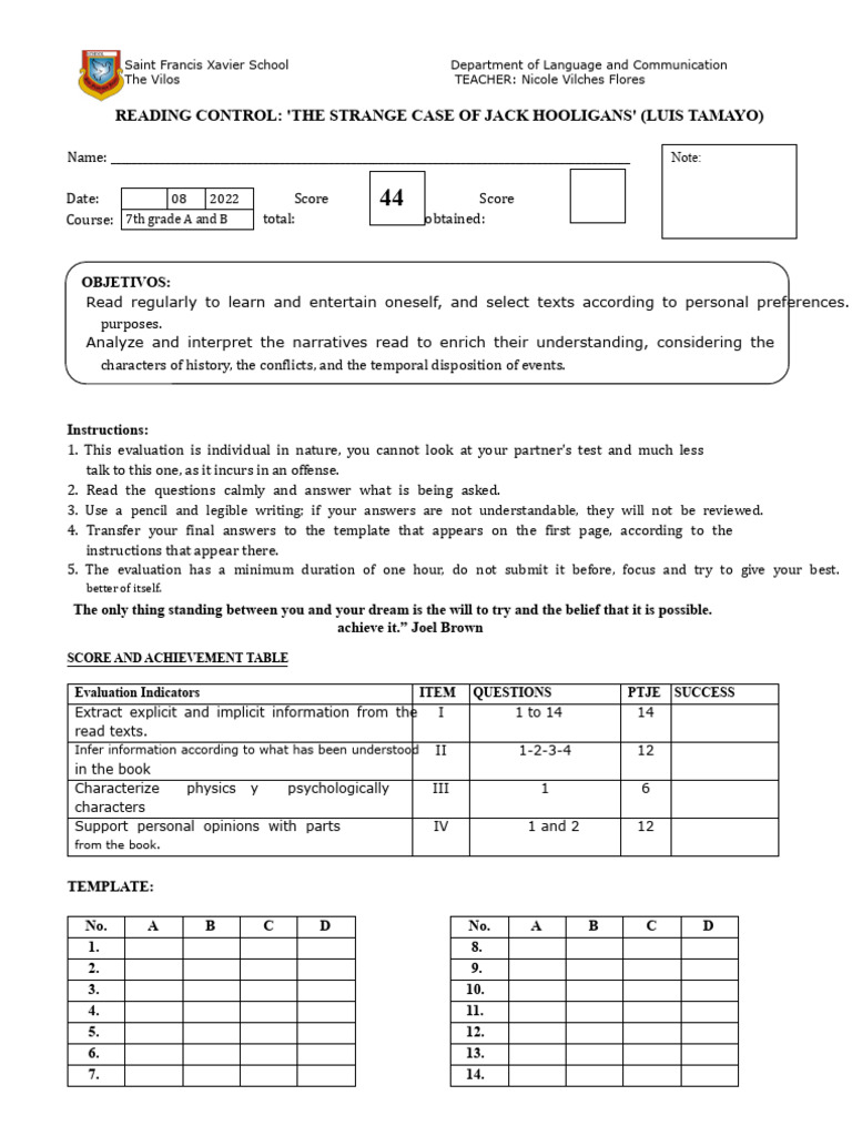 TEST - THE STRANGE CASE OF JACK HOOLIGANS | PDF | Reading Comprehension ...