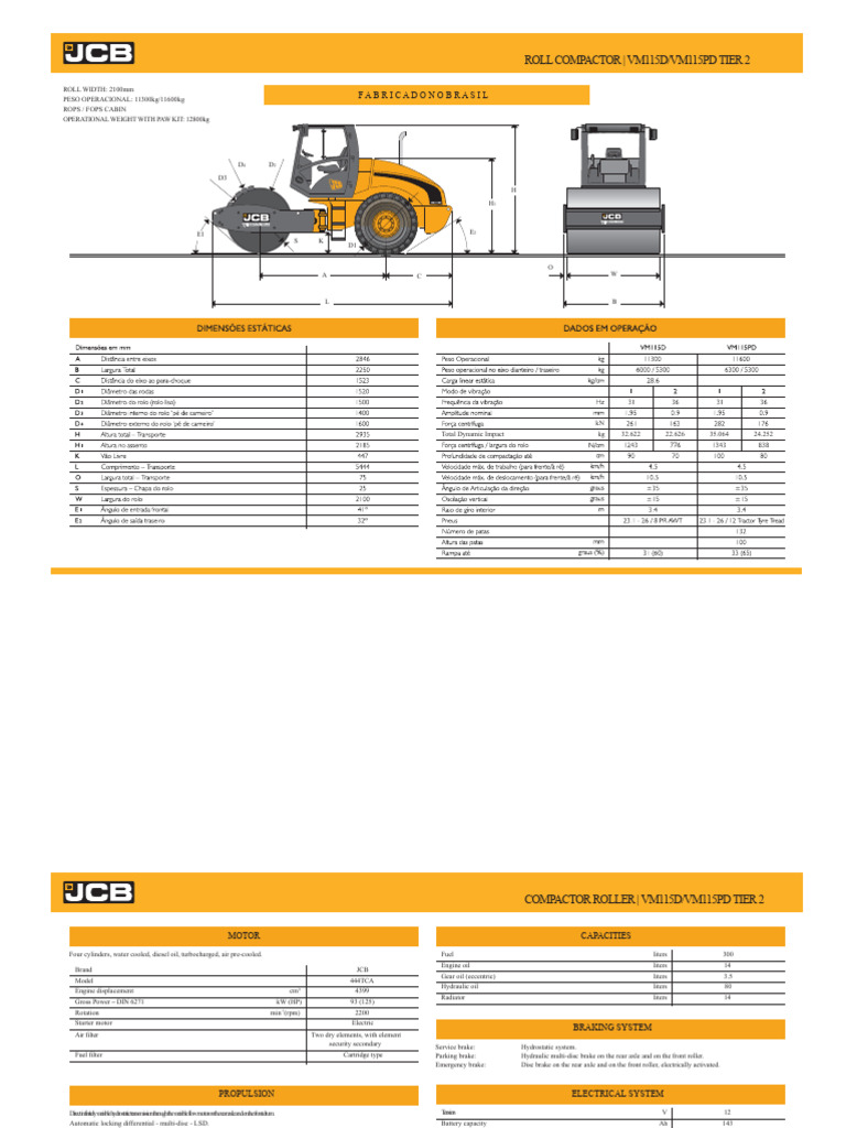 JCB VM115D/VM115PD Roll Compactor Specs | PDF | Engines | Brake