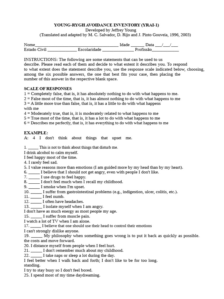 Young-Rygh Avoidance Inventory Guide | PDF | Psychology | Behavioural ...
