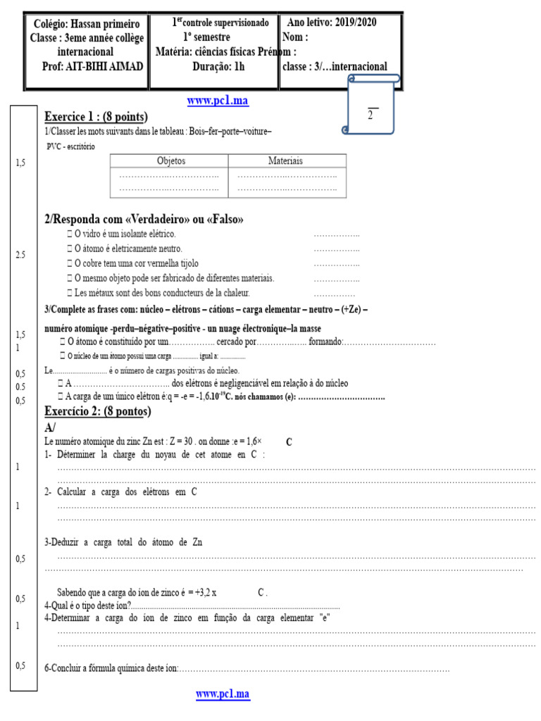 Controle 1 S1 3APIC mod7 (www.pc1.ma) | PDF | Matéria | Elétron
