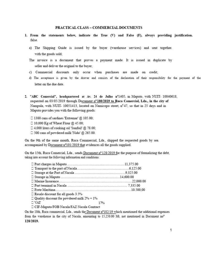 Practical Class - Commercial Documents | PDF | Money | Business