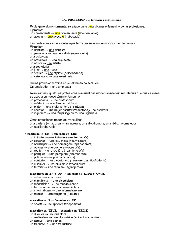 5 - UNIDAD 1 - Las Profesiones - Masculino y Femenino | PDF | Cuidado ...