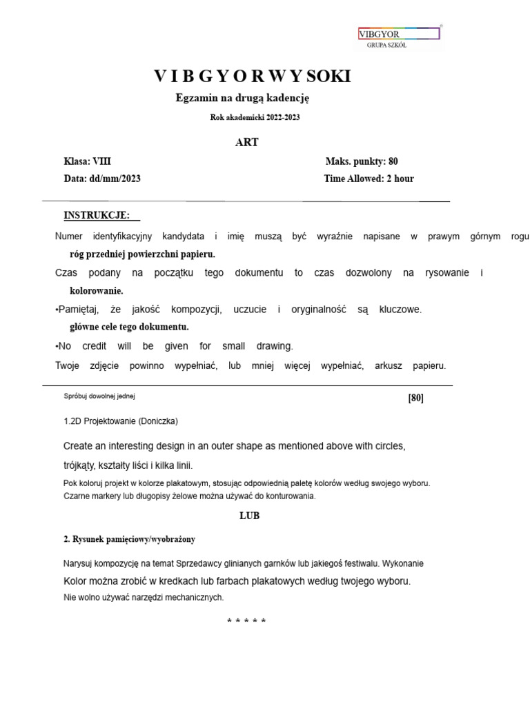 CISCE_GR 8_PRZYKŁADOWY TEST ARTYSTYCZNY | PDF