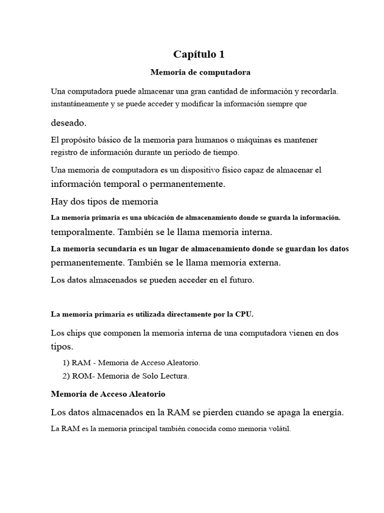 Tipos y Funciones de la Memoria en Computadoras | PDF | Almacenamiento ...