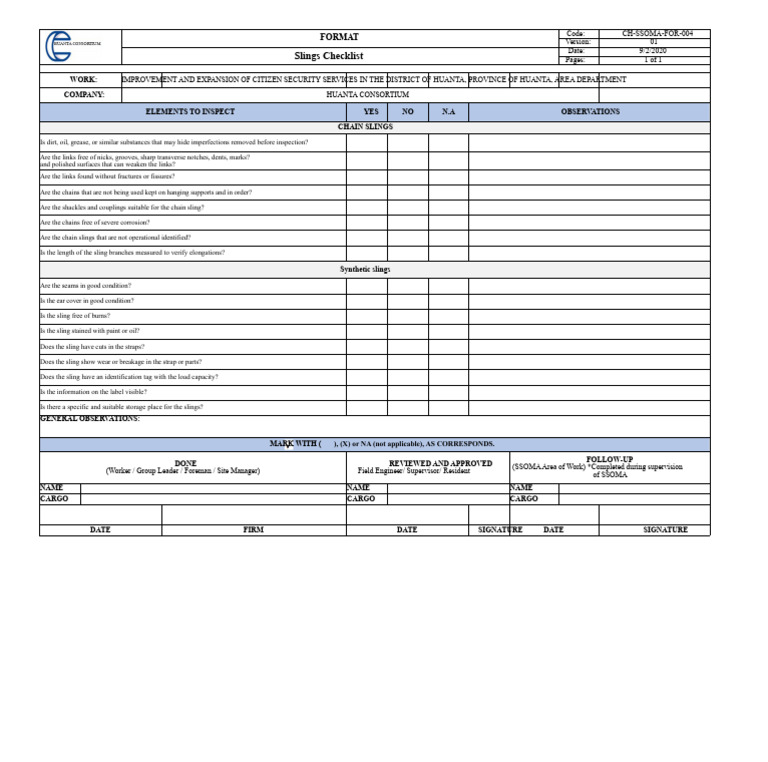 Slings Inspection Checklist for Safety | PDF