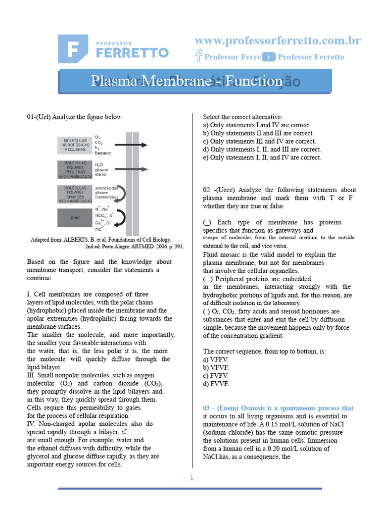 Plasma Membrane Questions - Function | PDF | Cell Membrane | Osmosis