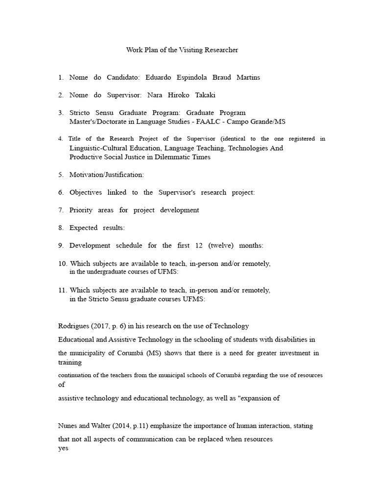 Work Plan of the Visiting Researcher UFMS 2022 | PDF | Communication ...
