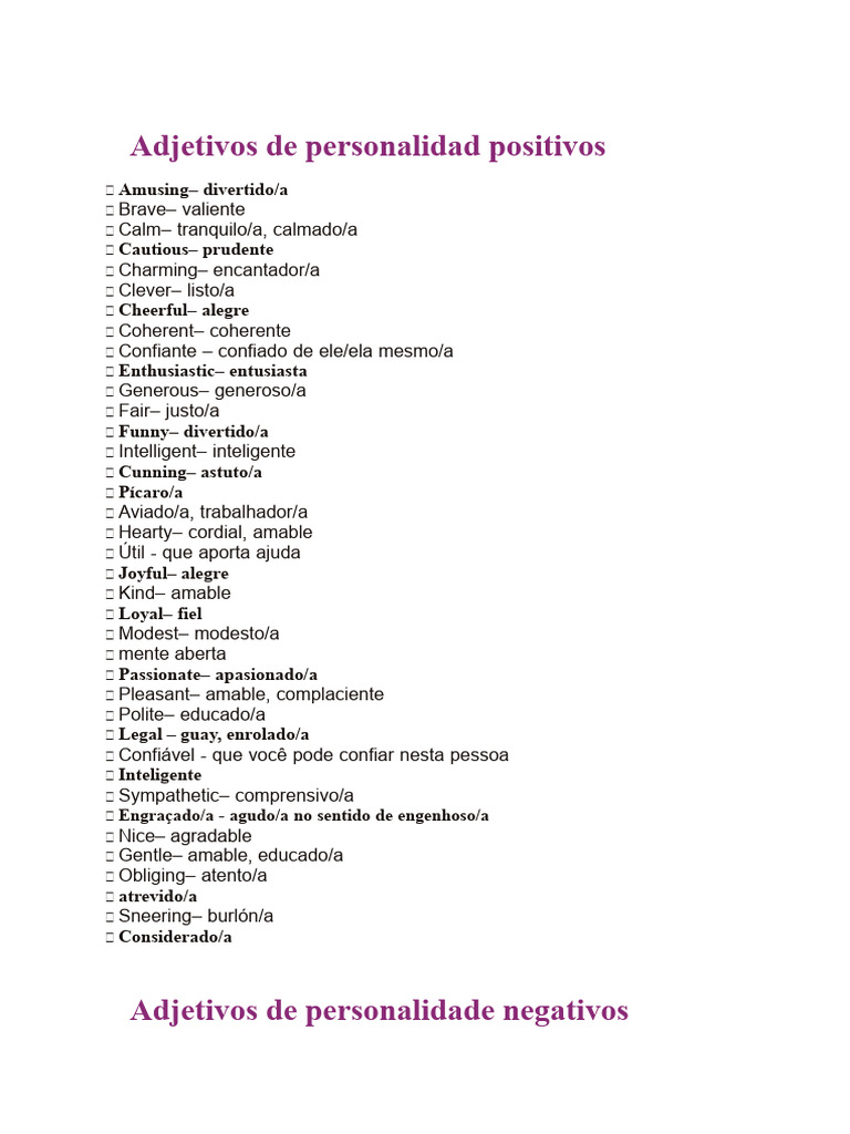 Adjetivos Positivos e Negativos de Personalidade | PDF