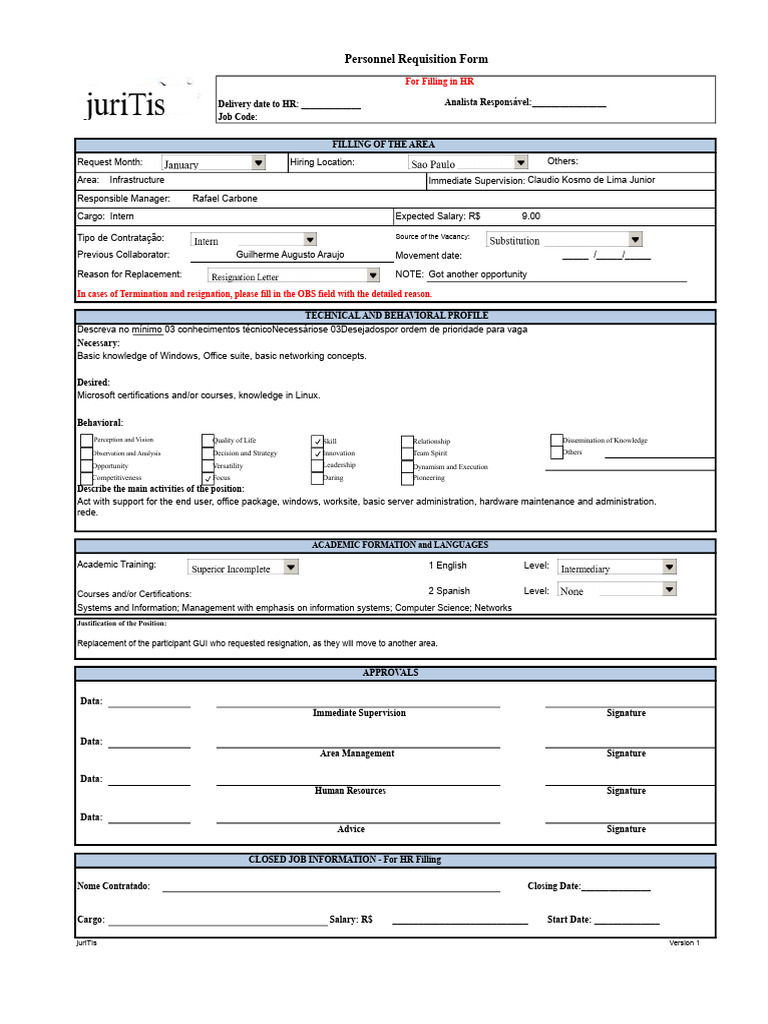 MODEL - Personnel Requisition Form - Intern INFRA | PDF | Computing ...