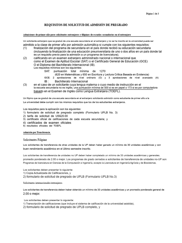 Requisitos de Admisión de Pregrado UPLB | PDF | Se sentó