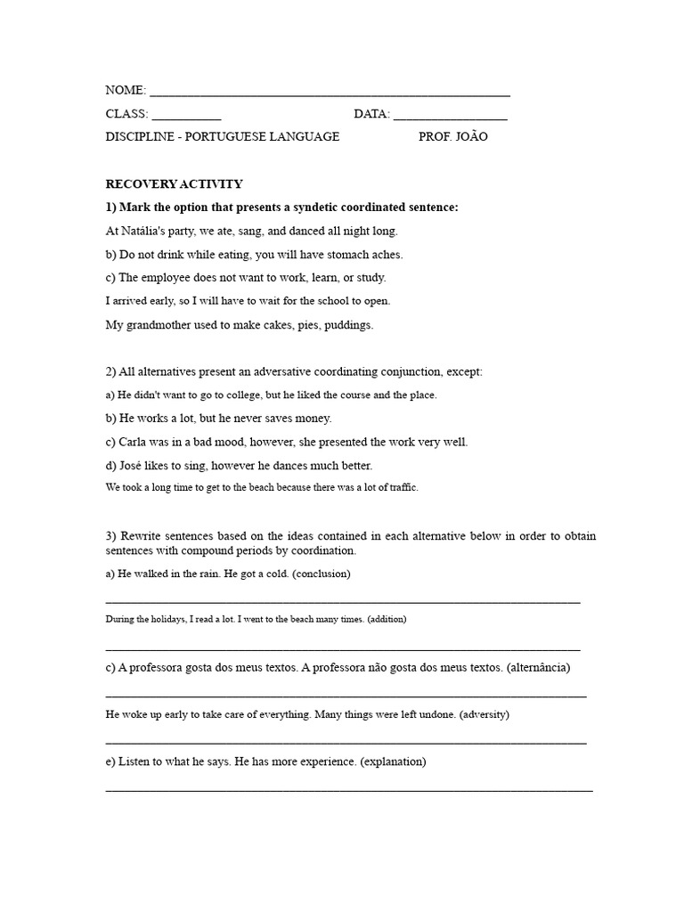 Exercises on coordinated sentences for 7th grade | PDF | Language ...
