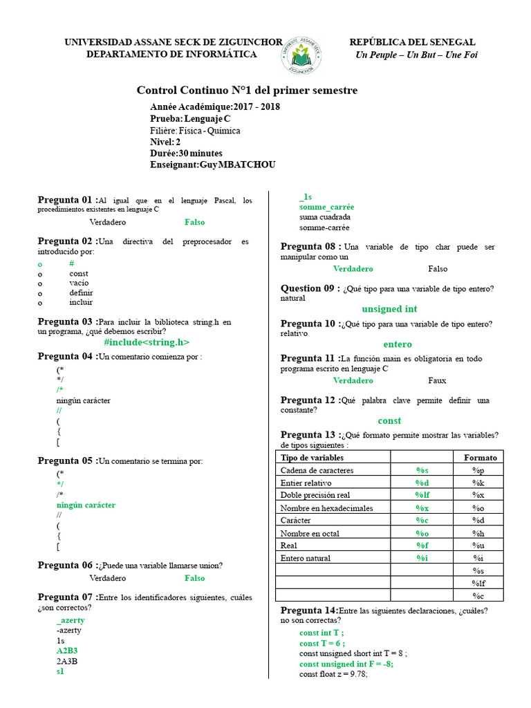 Solución - Control Continuo N°1 - Lenguaje C - L2PC - 2017-2018 | PDF | C (lenguaje de ...