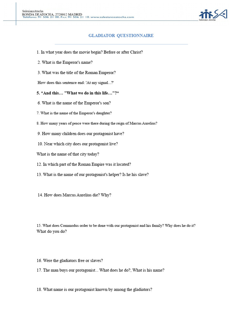 Gladiator Questionnaire 2014 | PDF