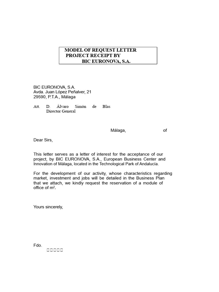 Project Request Letter to BIC EURONOVA | PDF
