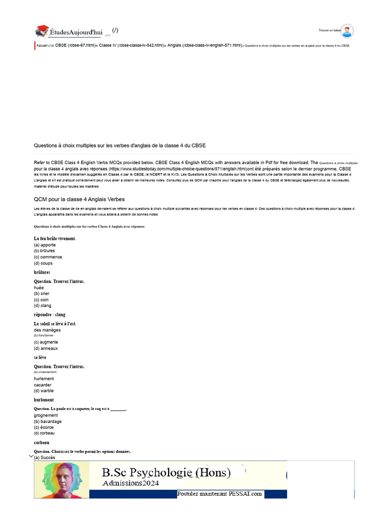 QCM Anglais Verbes Classe 4 CBSE | PDF | Choix multiple | Linguistique