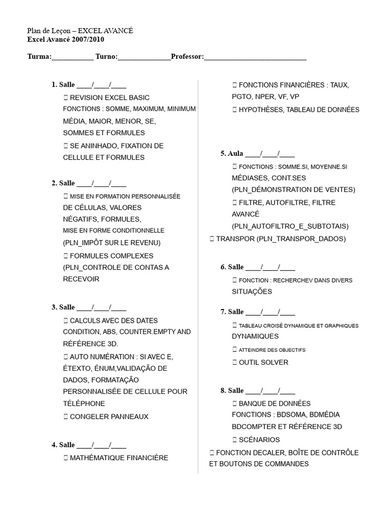 Plan de Cours - Excel Avancé | PDF | Microsoft Excel