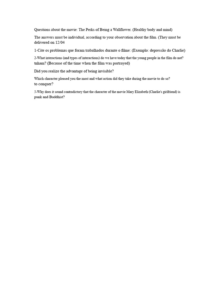 Questions About The Movie The Perks of Being A Wallflower | PDF