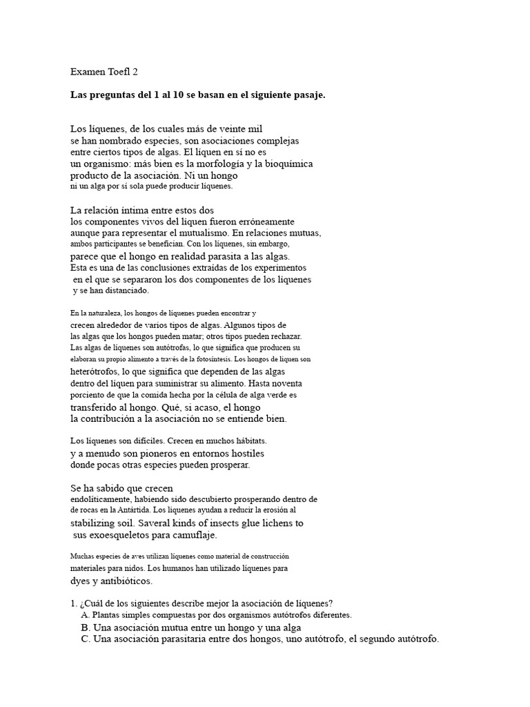 Prueba TOEFL 2 | PDF | Algas | Hongo