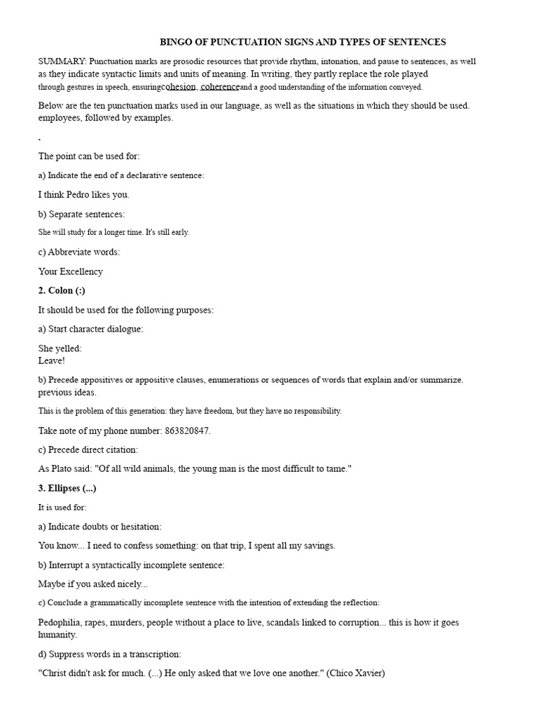 Bingo of Punctuation Marks and Types of Sentences | PDF | Punctuation ...