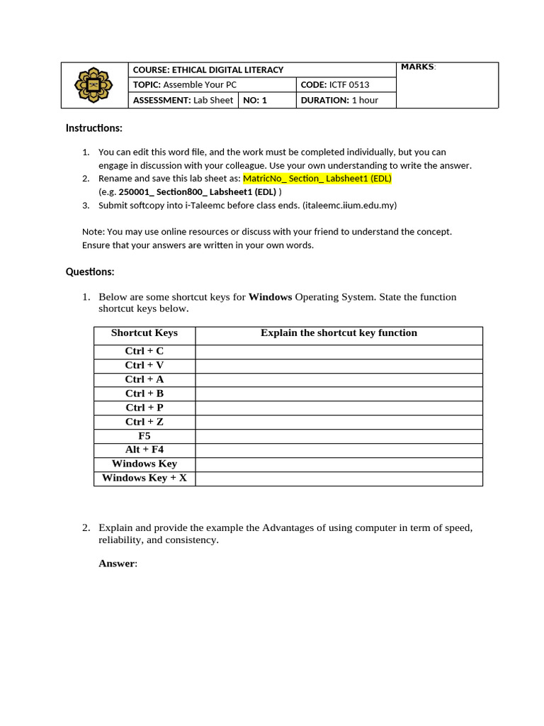 MatricNo - Section - Labsheet - 1 (EDL) Assemble Your PC | PDF