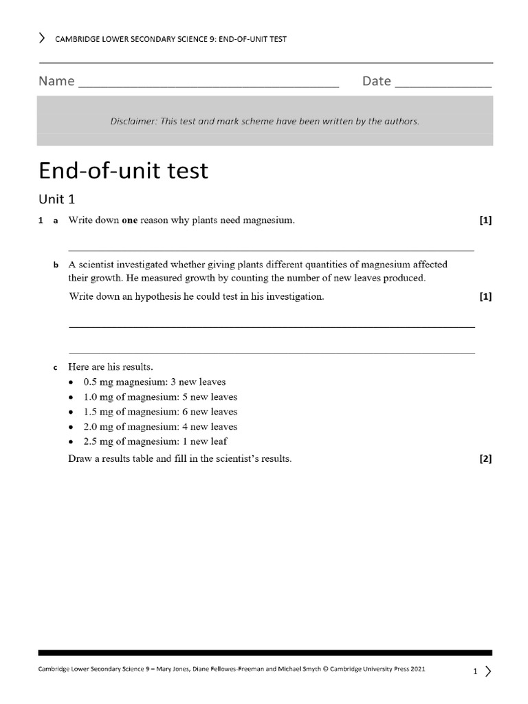 Cambridge Science 9 End-Of-Unit Test | PDF