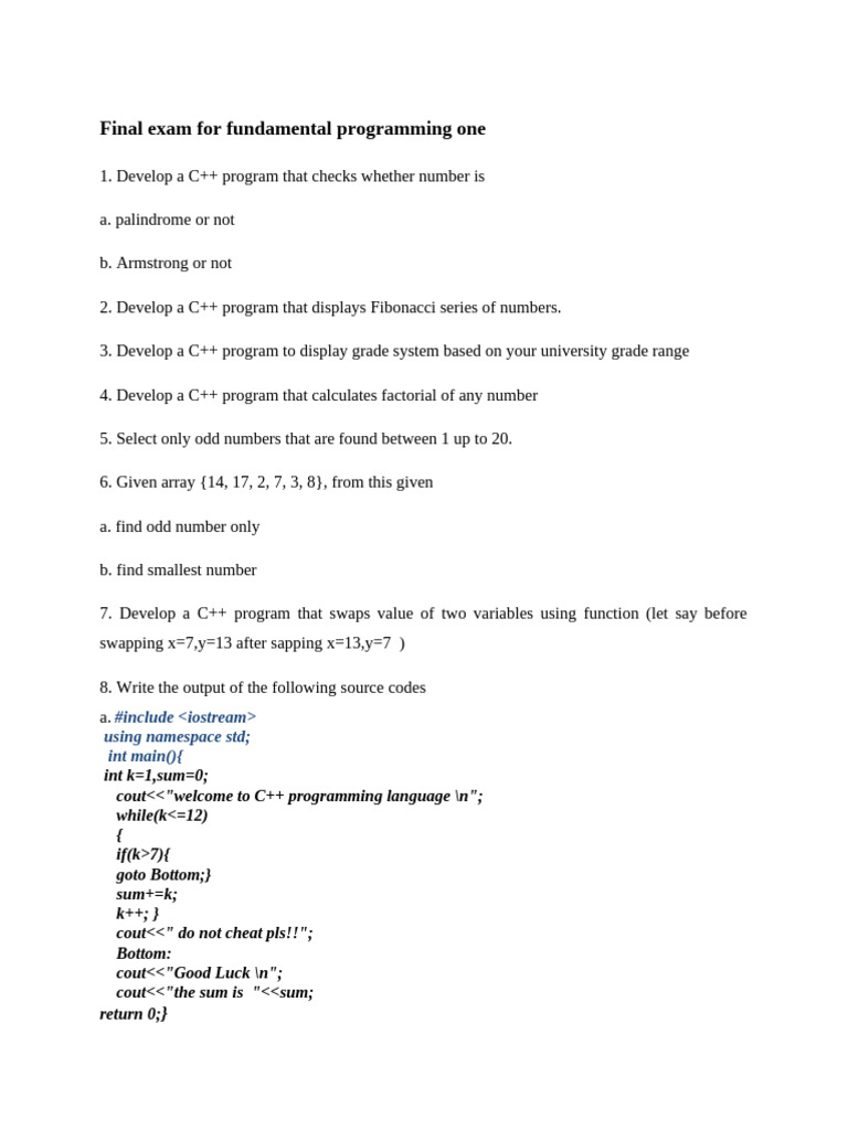 C++ Programming Final Exam Tasks | PDF