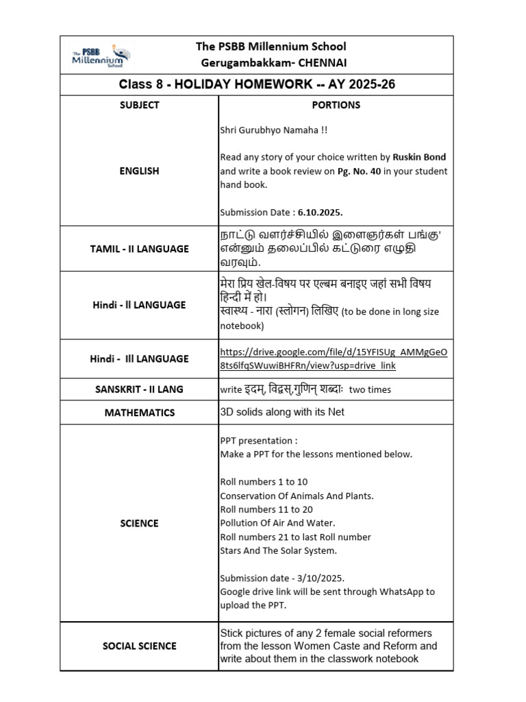 Class 8 Holiday Homework Assignments | PDF