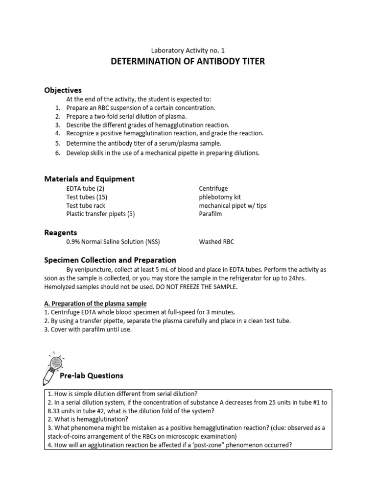 Antibody Titer Determination Lab Guide | PDF | Blood Plasma | Serology