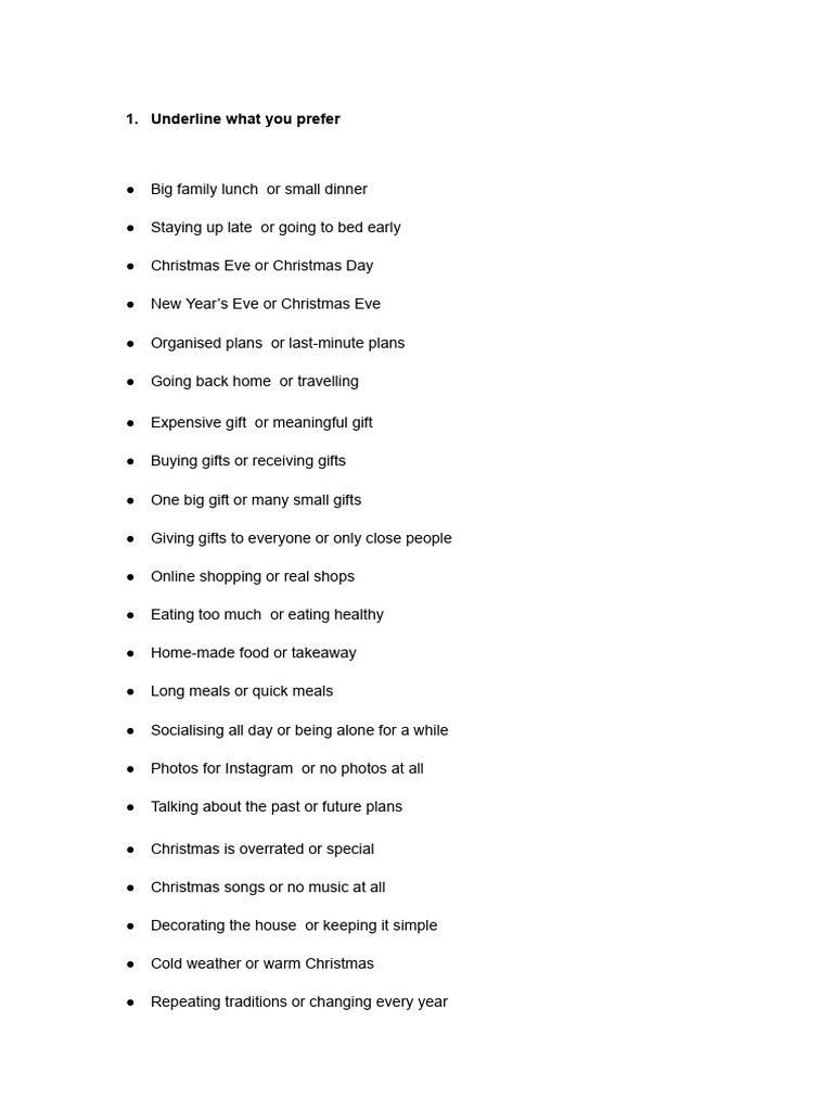 Holiday Preferences and Would You Rather | PDF