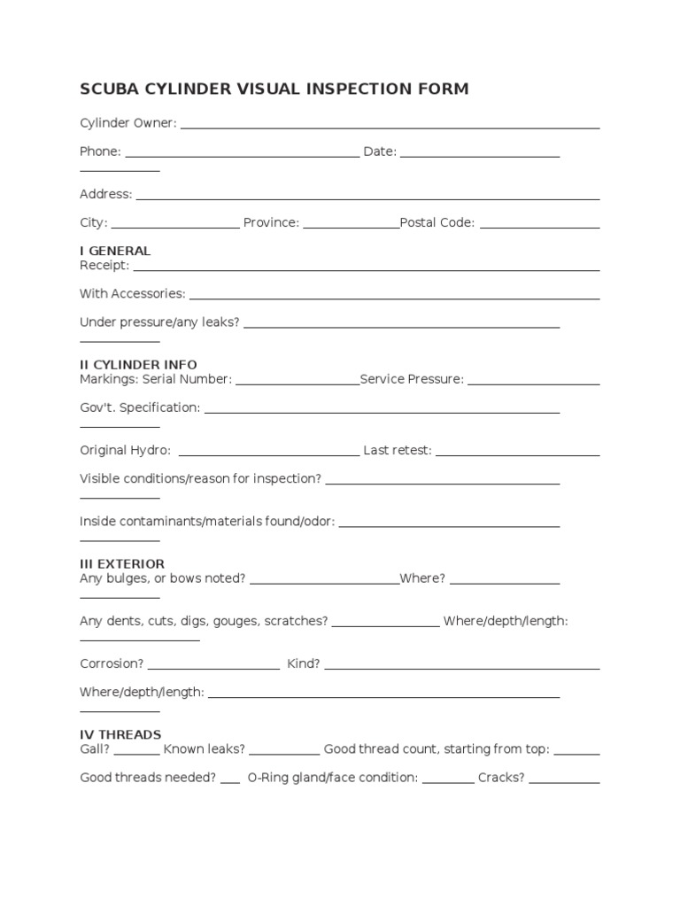 Scuba Cylinder Visual Inspection Form | PDF