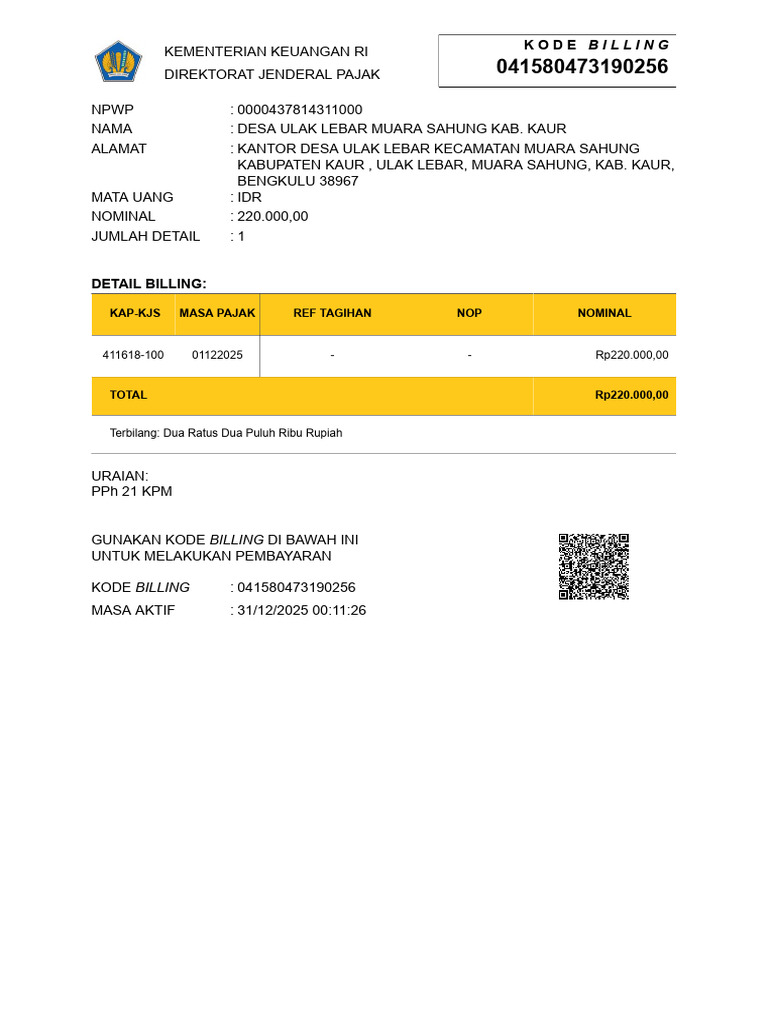 Kode Billing Pajak PPh 21 Desa Ulak Lebar | PDF