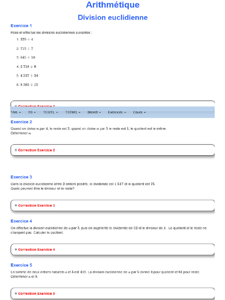 Terminale - Maths Expertes - Arithmétique - Division Euclidienne | PDF