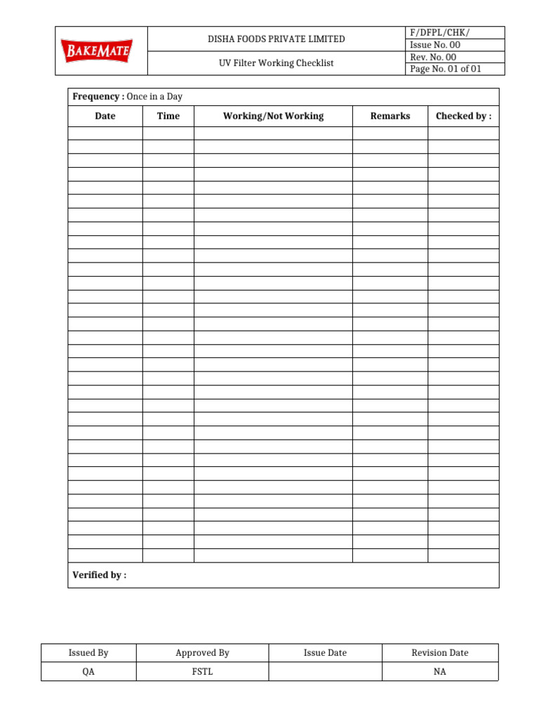 UV Filter Working Checklist | PDF