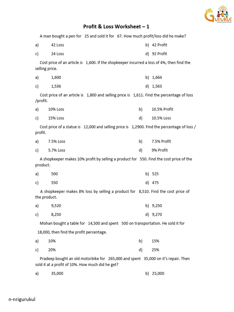 Profit & Loss Worksheet-1 | PDF | Prices | Sales