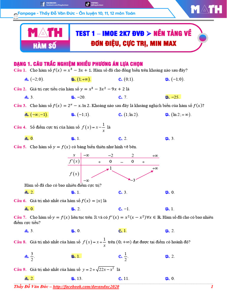 IX1 - Kiểm Tra Nền Tảng Về Đơn Điệu, Cực Trị, Min Max | PDF