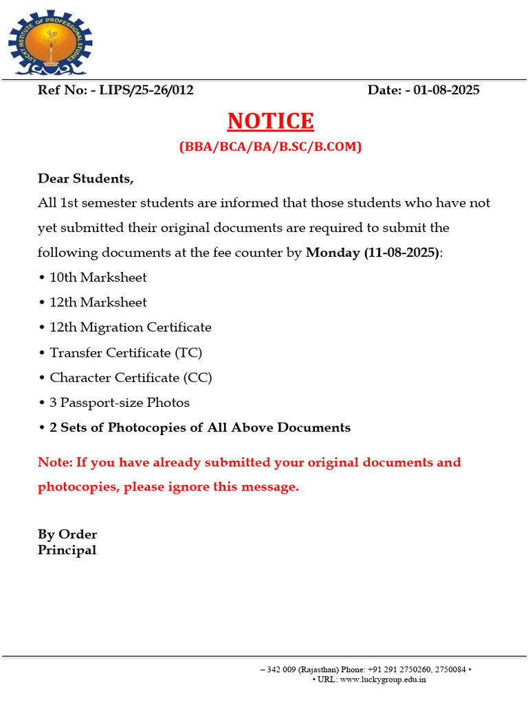 Document Submission Notice for Students | PDF
