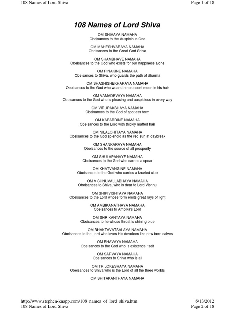 108 Name Lord Shiva - English | PDF | Shiva | Hindu Deities