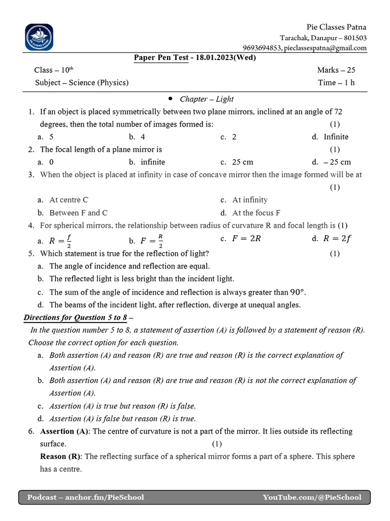 10th Grade Physics Light Test Questions | PDF | Mirror ...