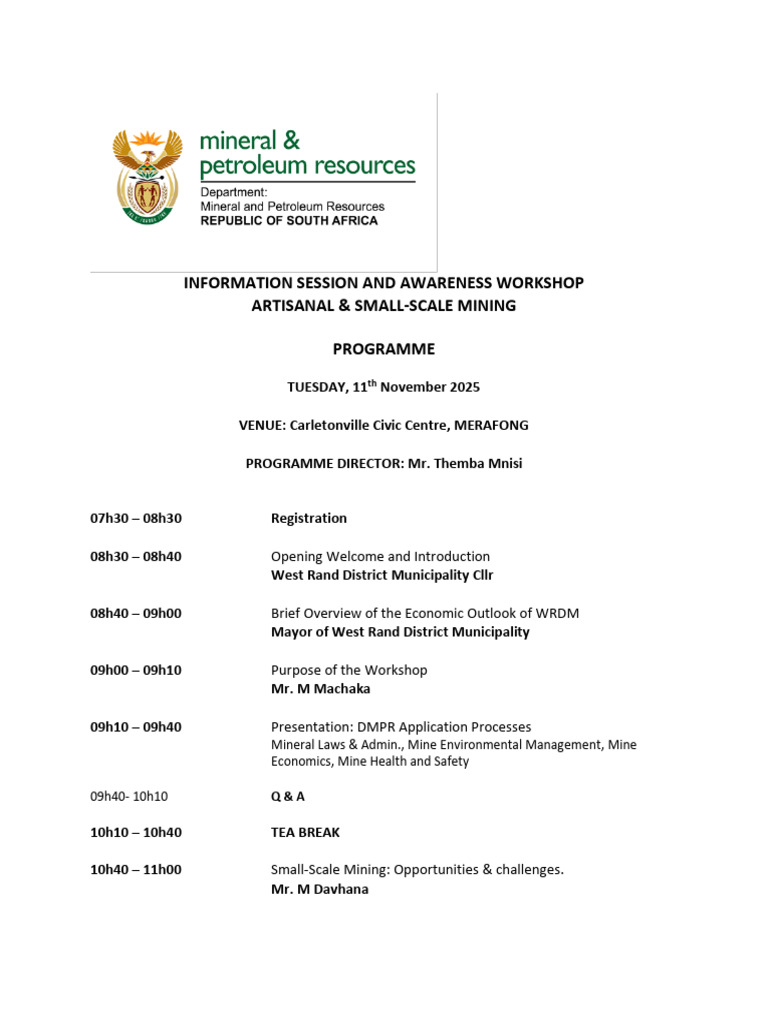 Draft Programme For WRDM Artisanal & Small Scale Mining Workshop ...