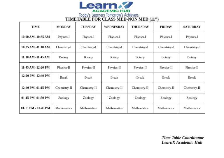 11th Grade Med-Non Med Timetable | PDF
