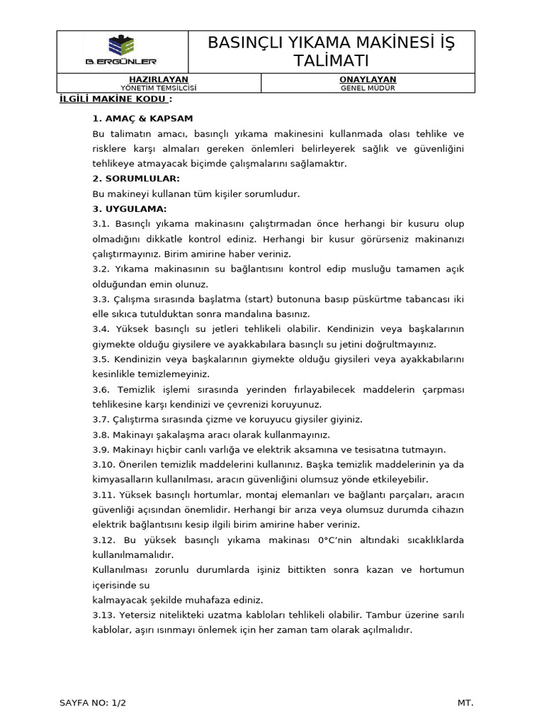 Basinçli Yikama Maki̇nesi̇ İş Tali̇mati | PDF