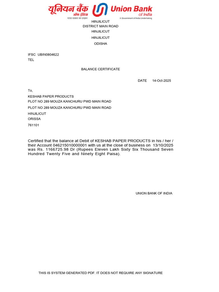 Balance Certificate for Keshab Paper Products | PDF